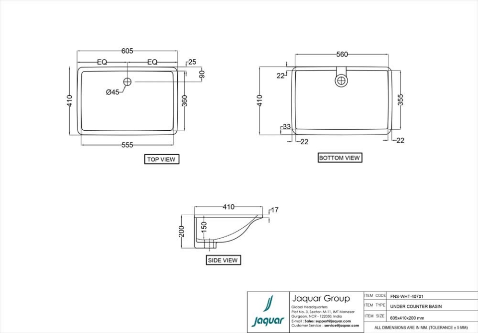 Fonte Rectangular Under Counter Wash Basin | Jaquar UAE